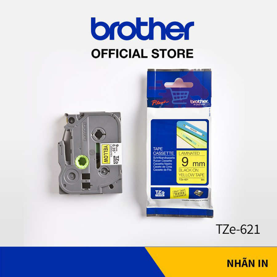 Nhãn in Brother TZE-621, Khổ rộng 9mm, chữ đen nền vàng. - GKTECH