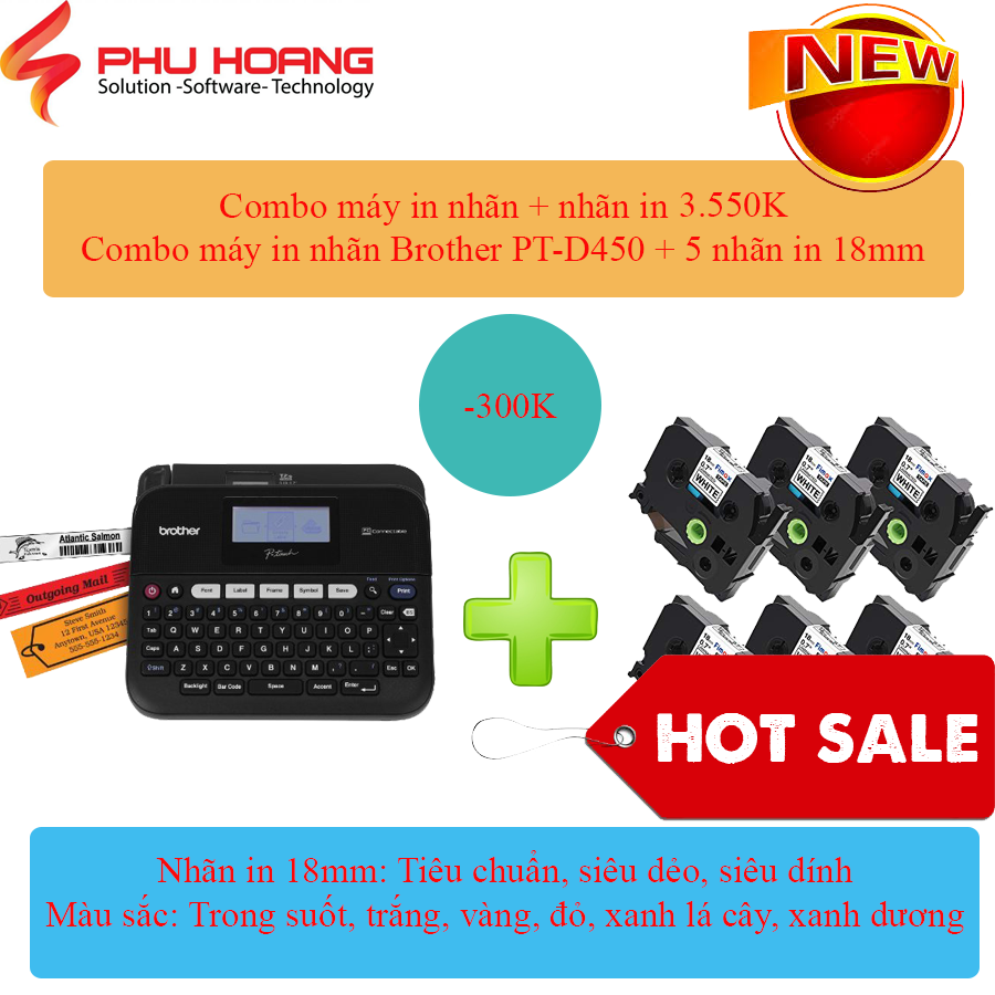 Brother PT-D450 & 5 nhãn in 18mm giá cả hợp lí, tiết kiệm chi phí
