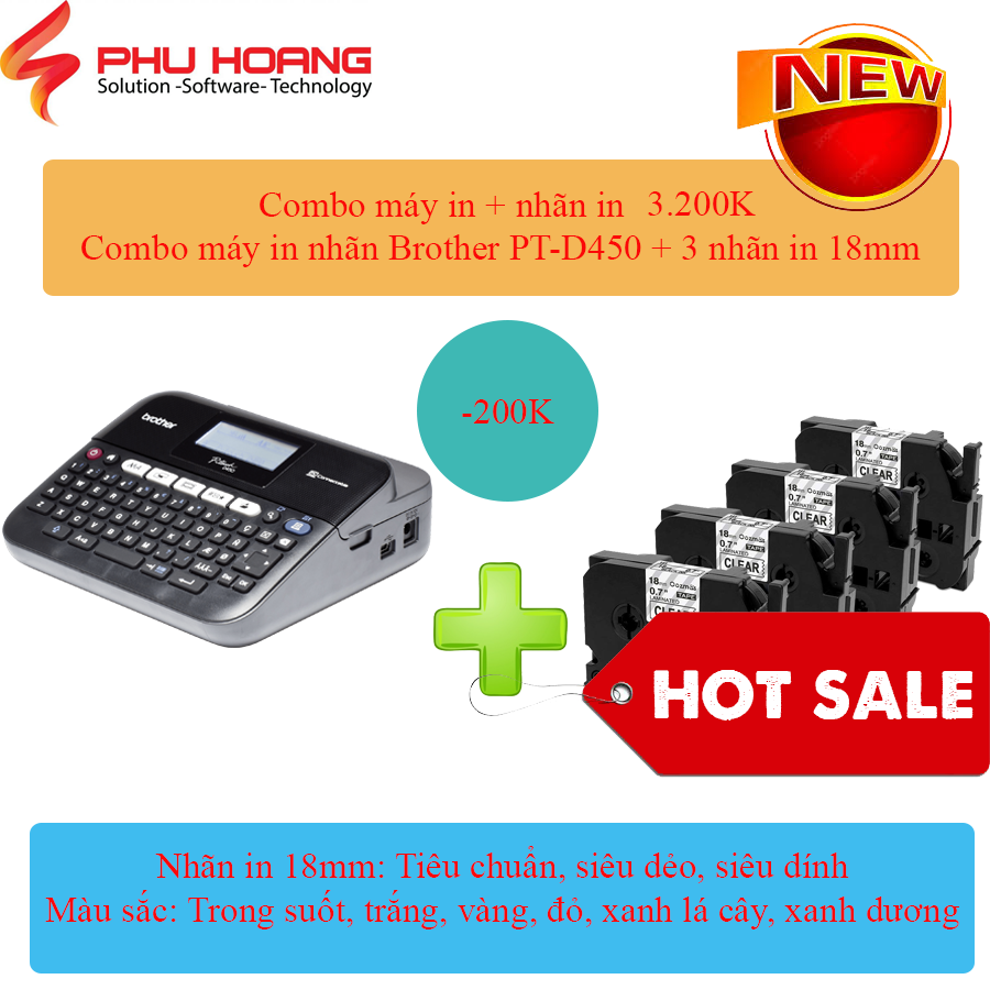 Brother PT-D450 & 3 nhãn in 18mm giá cả hợp lý, siêu tiết kiệm chi phí