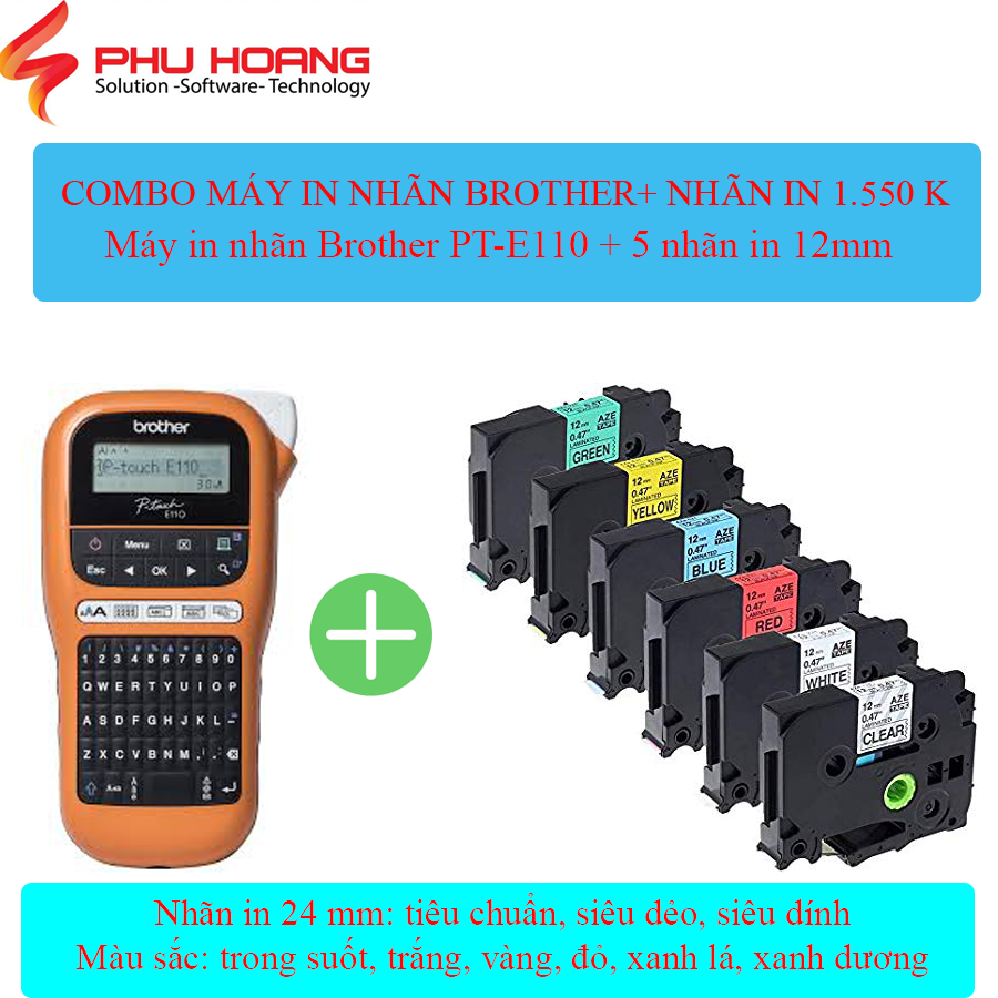 Combo máy in nhãn Brother PT-E110 & 5 nhãn in 12mm siêu tiết kiệm